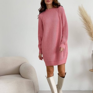 Coral Pink Knit Winter Mini Dress Pink Knit Wool Sweaterdress - Etsy