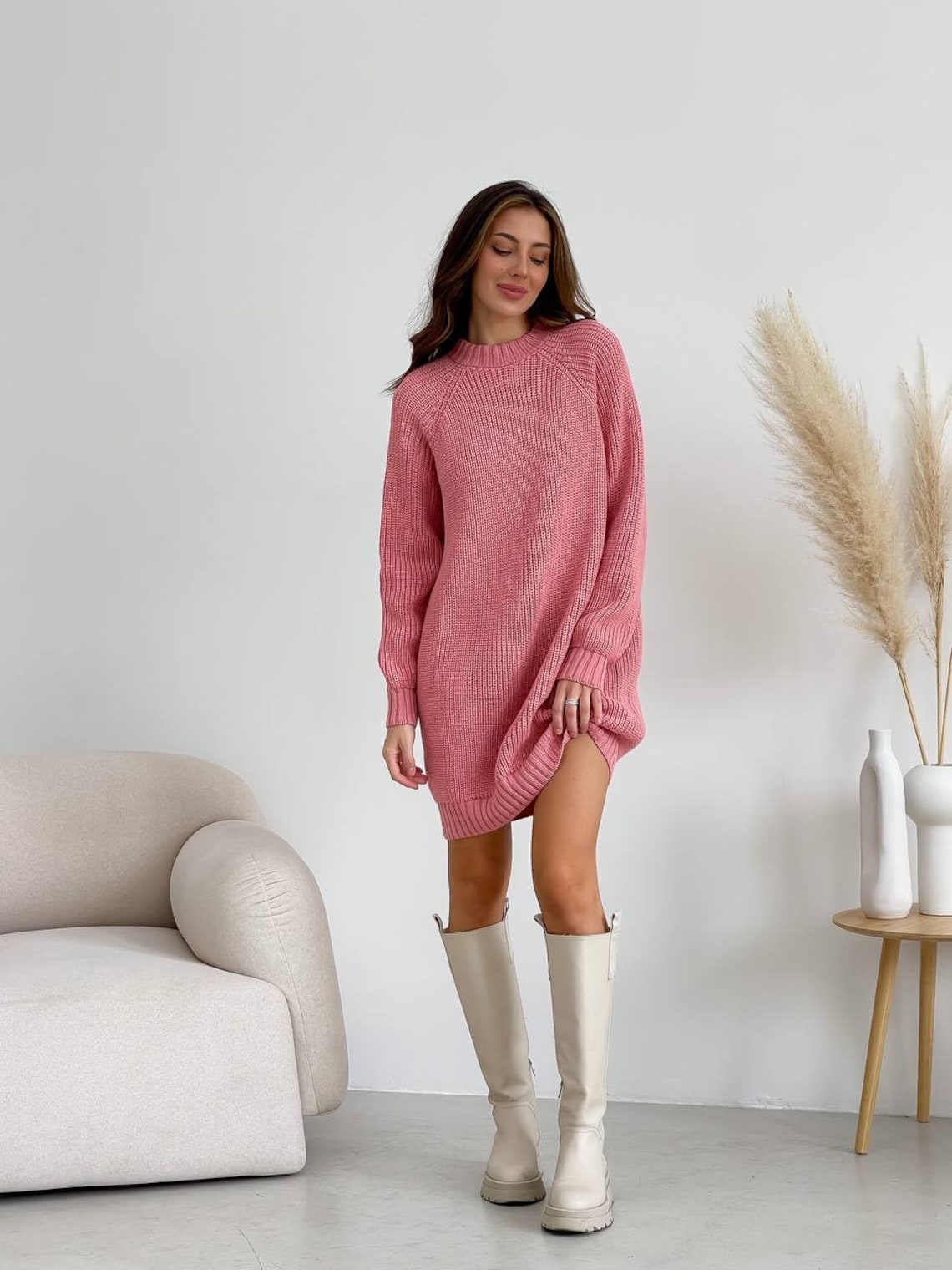 Coral Pink Knit Winter Mini Dress Pink Knit Wool Sweaterdress - Etsy