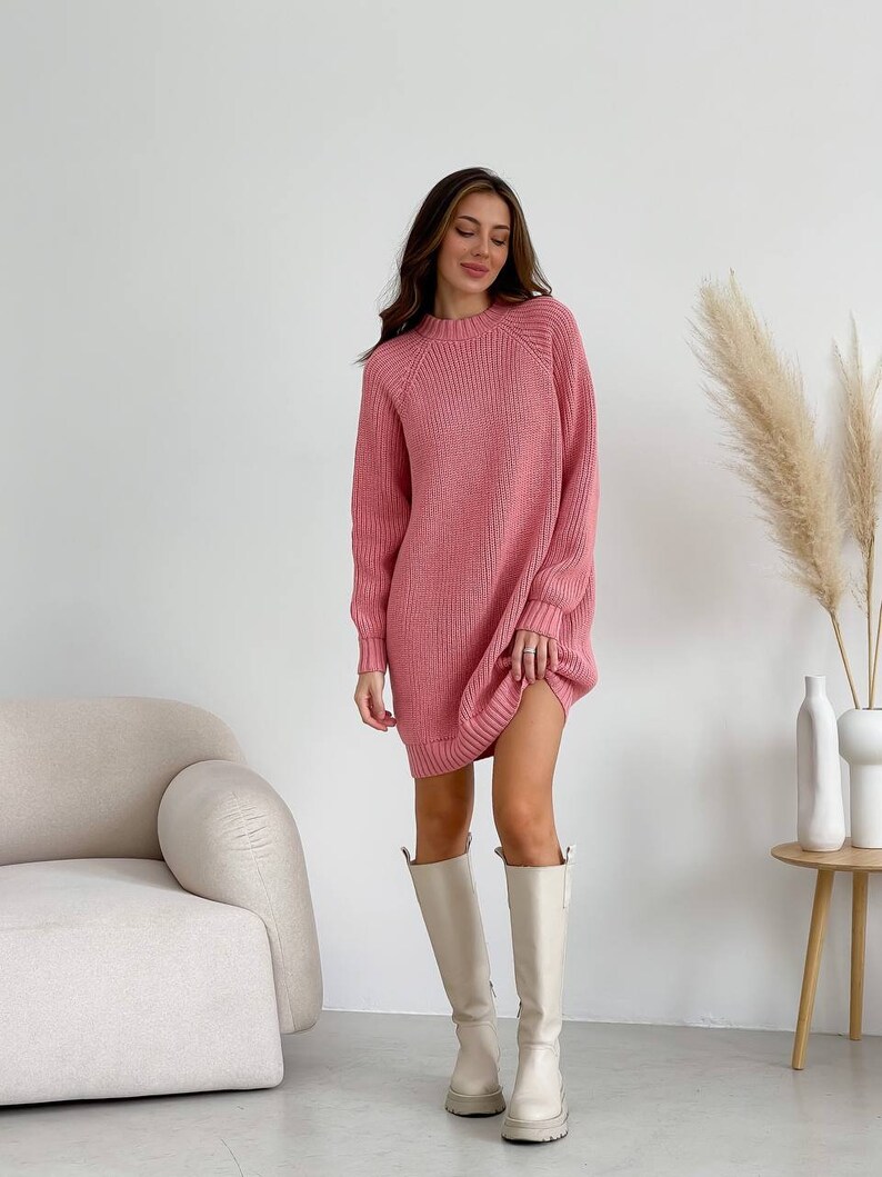 Coral Pink Knit Winter Mini Dress Pink Knit Wool Sweaterdress - Etsy
