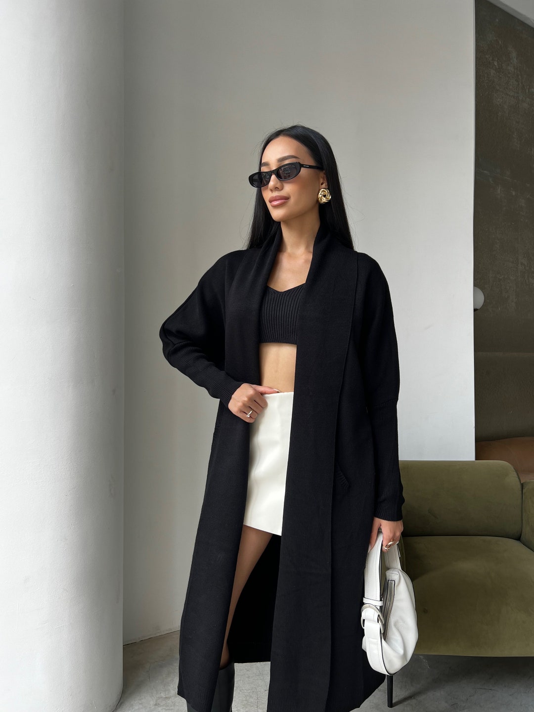 Black Long Wool Cardigan Without Closure, Black Knit Cardigan Coat for ...
