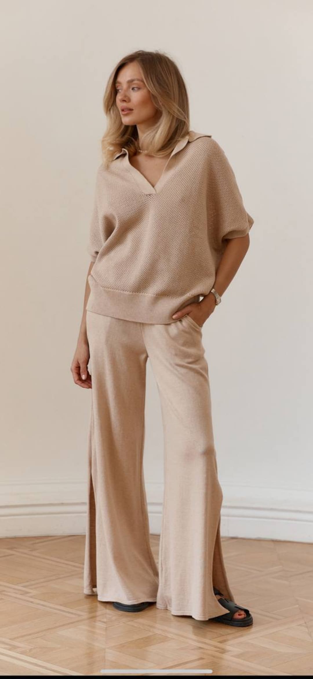 Beige Knit Summer Pantsuit for Women, Knit Lounge Wear Suit for Women ...