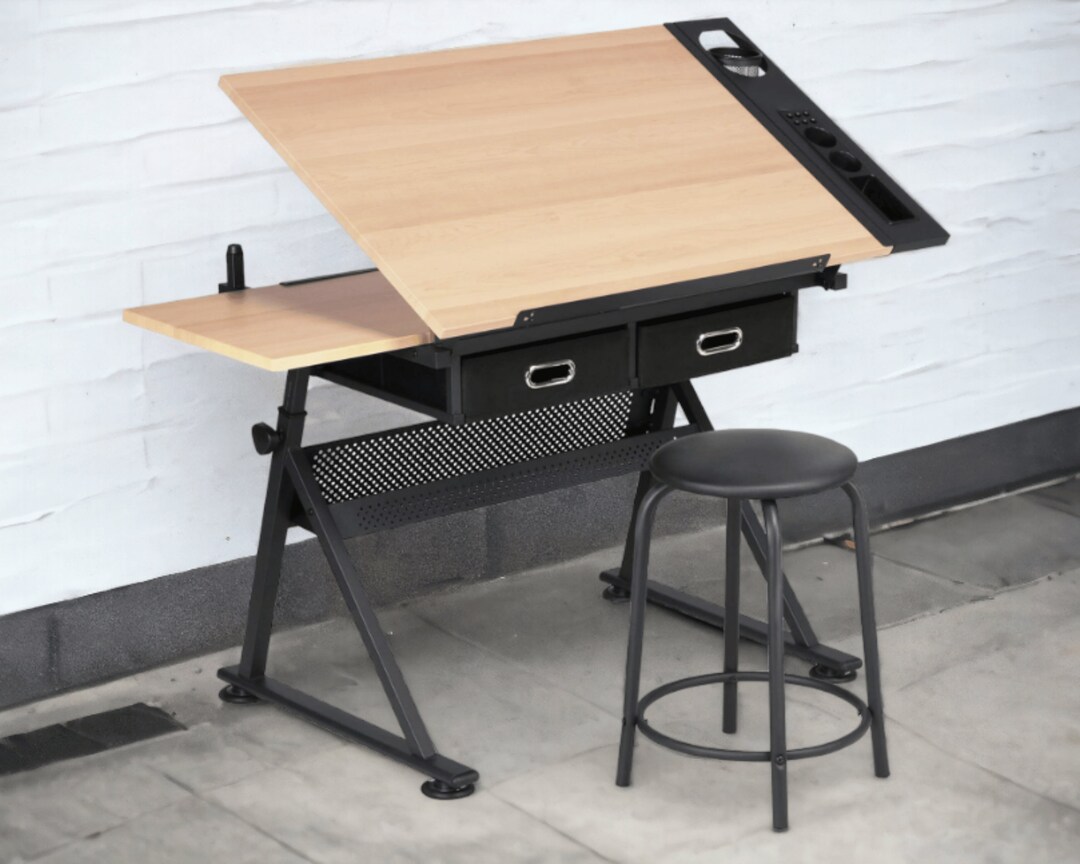 Artist Desk With Storage Drafting Table Desk Adjustable Tabletop Drafting Stool and Storage ...