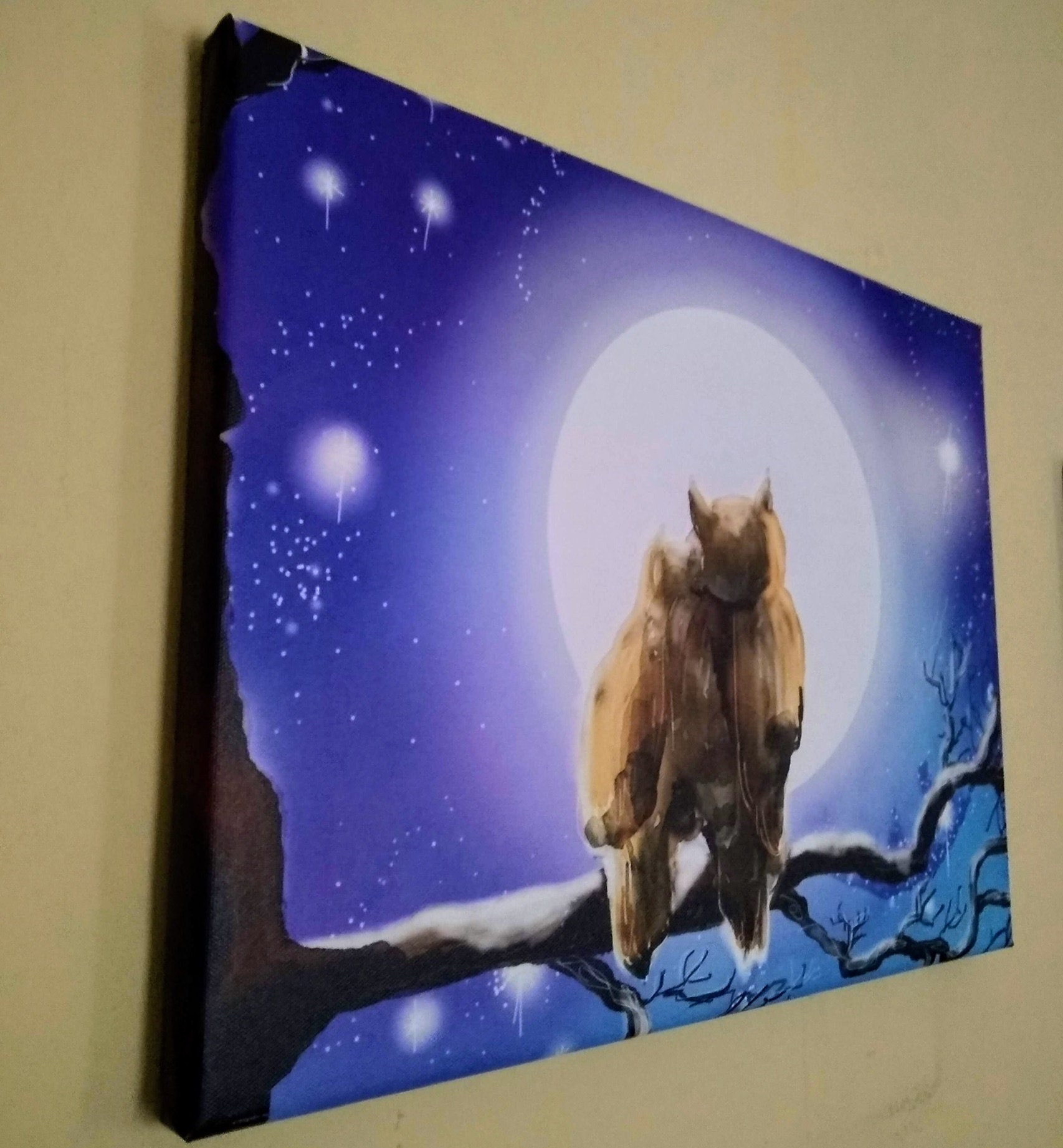 Moonlight Owls 16 X 12 Inch Canvas Print. Artwork Painting - Etsy