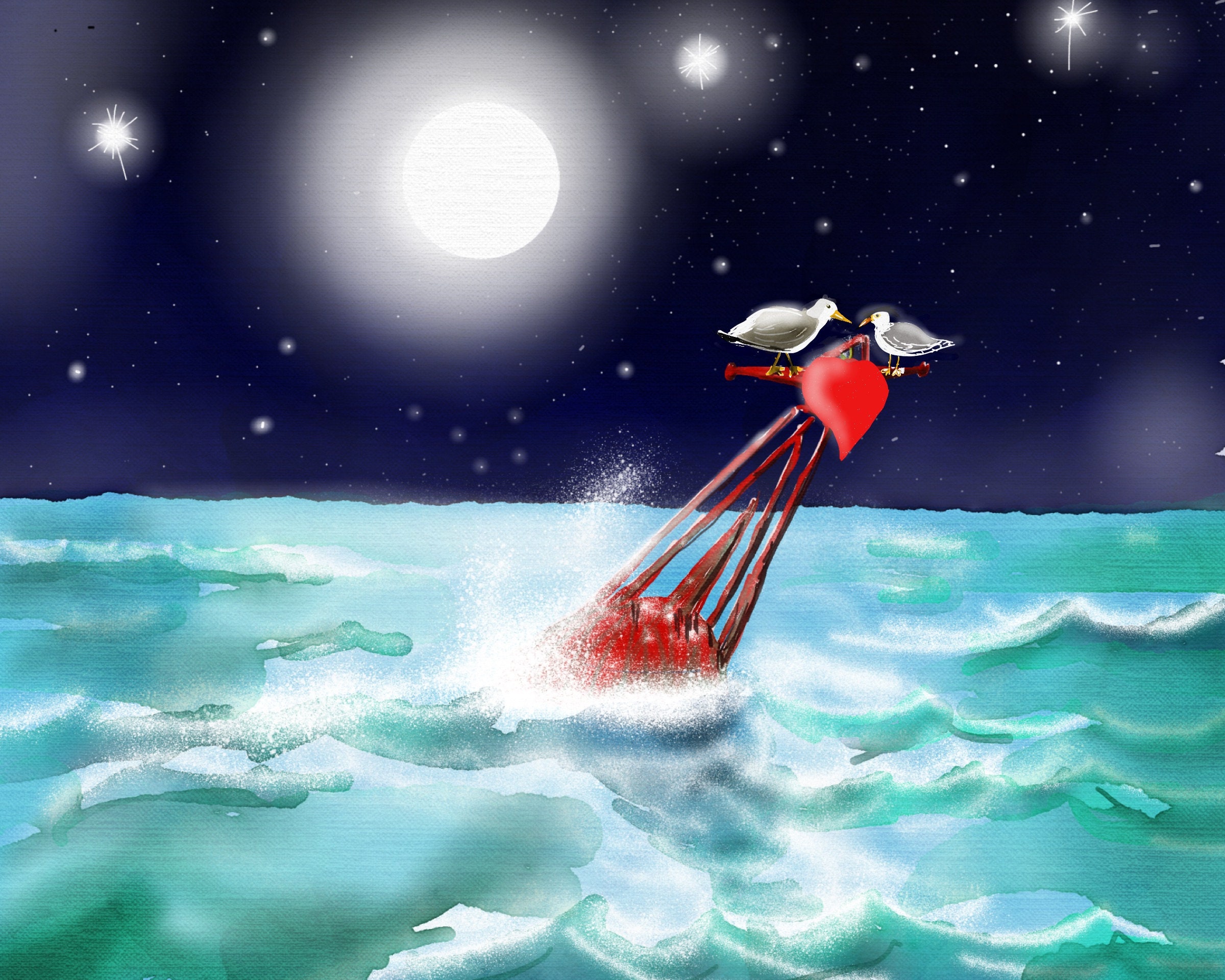 Buoys & Gulls. Valentines Card. Seagulls Love Heart Stars Moon - Etsy