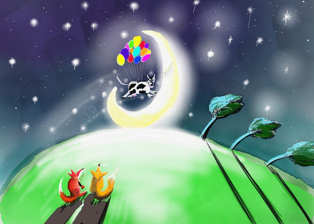 Over the Moon. Fun Birthday Card Cow Jumping Over the Moon Whilst Two ...