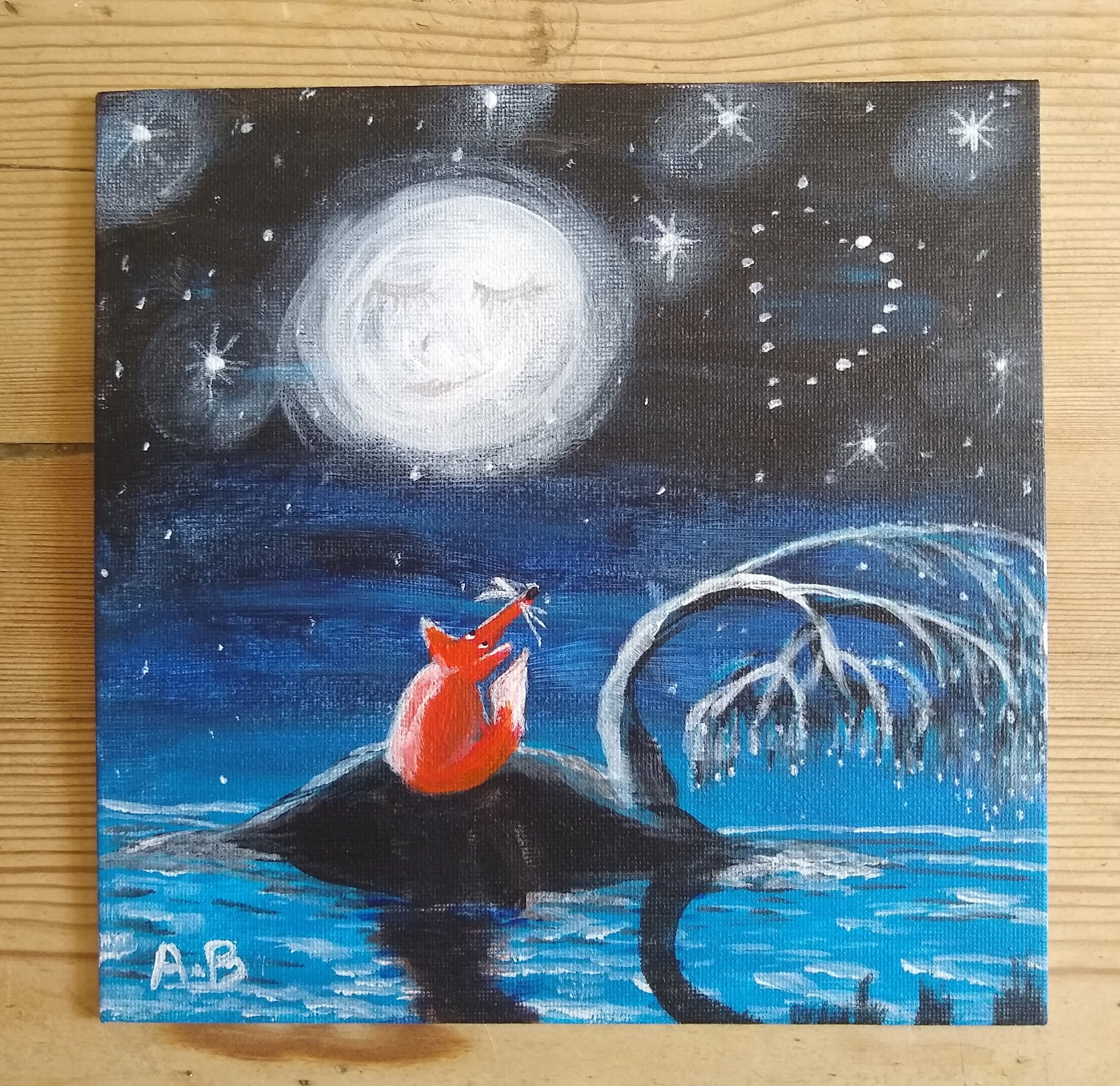 Fox & Moon. Original Acrylic Painting on Canvas Board. Fox Moon Magical ...