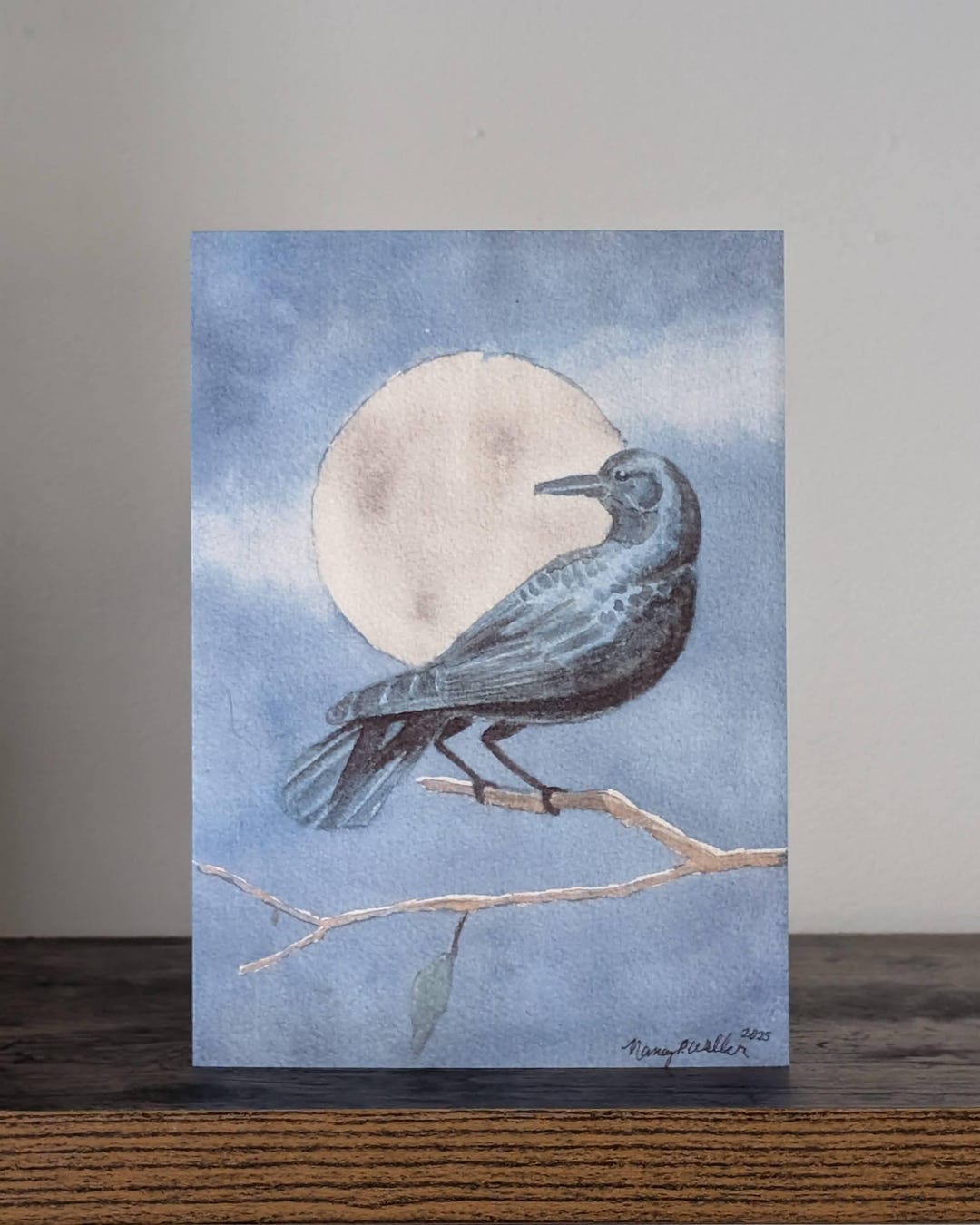 Midnight Crow - Full Moon Watercolor Night Bird Art Print 5x7 or 8x10 ...