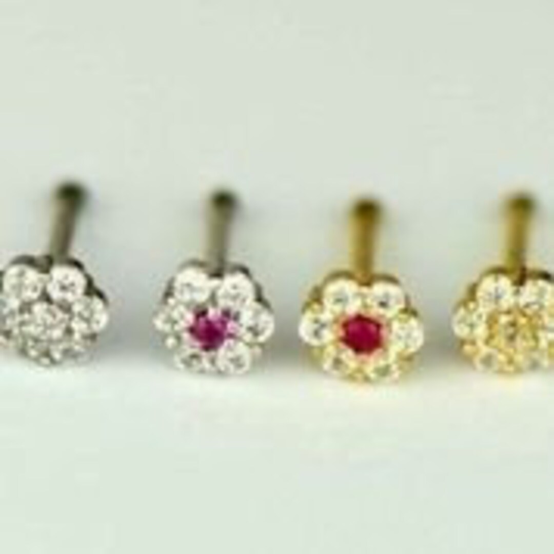 14k Yellow or White Gold Flower Nose Piercing Stud diamond CZ or Ruby ...