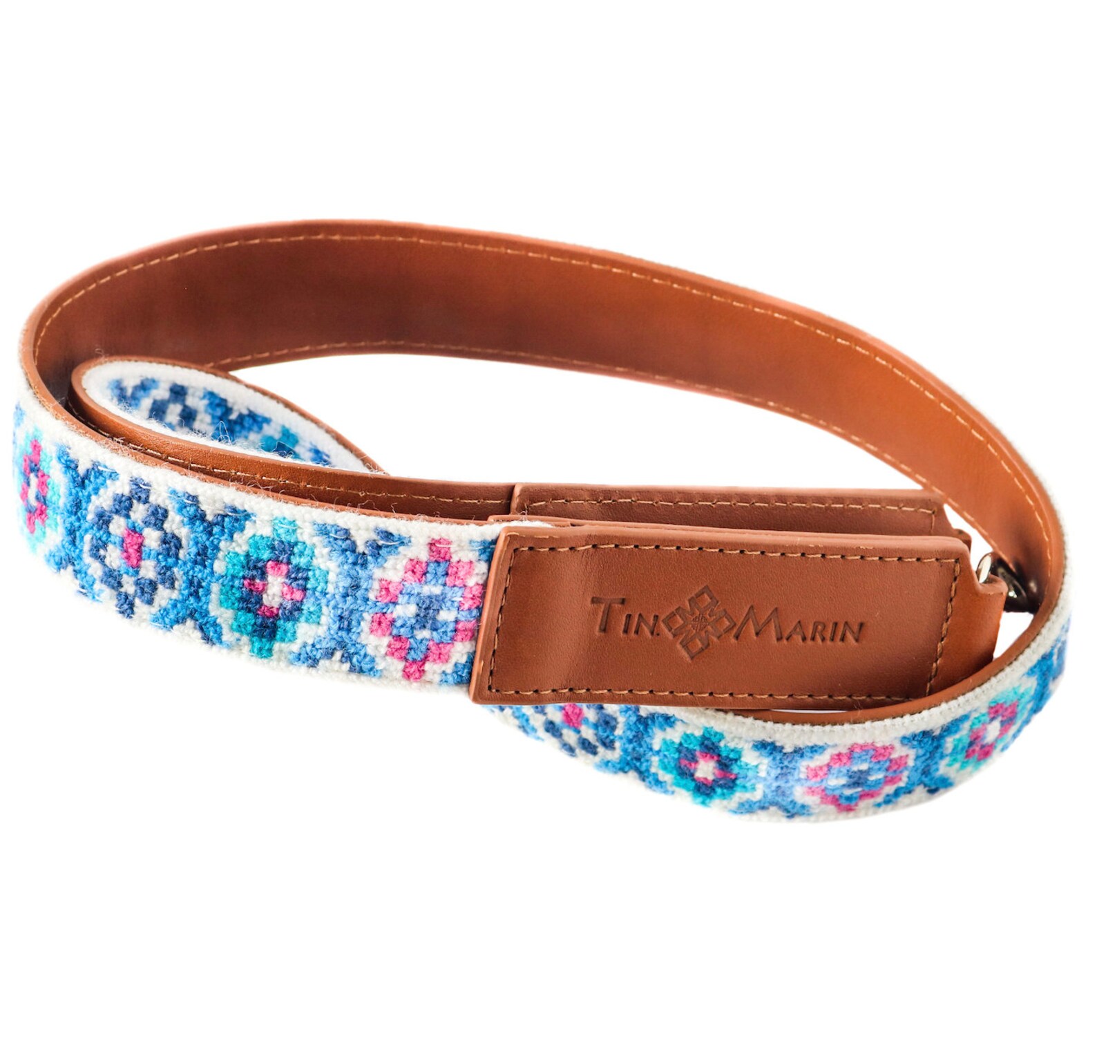 Mai Woven Bag Strap - Blue & Pink With Tan Leather, Shoulder Strap, Bag ...