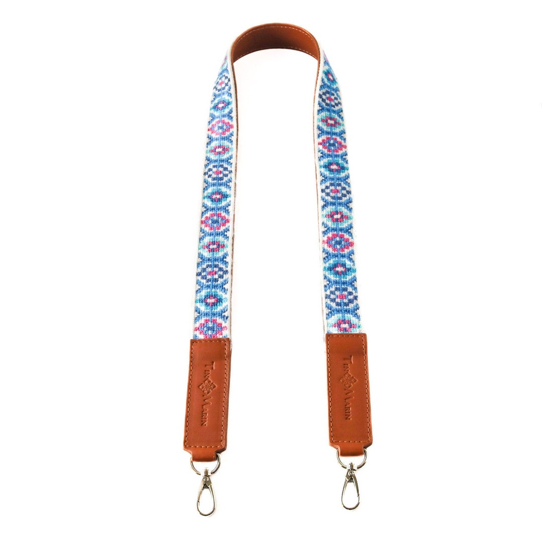 Mai Woven Bag Strap - Blue & Pink With Tan Leather, Shoulder Strap, Bag ...