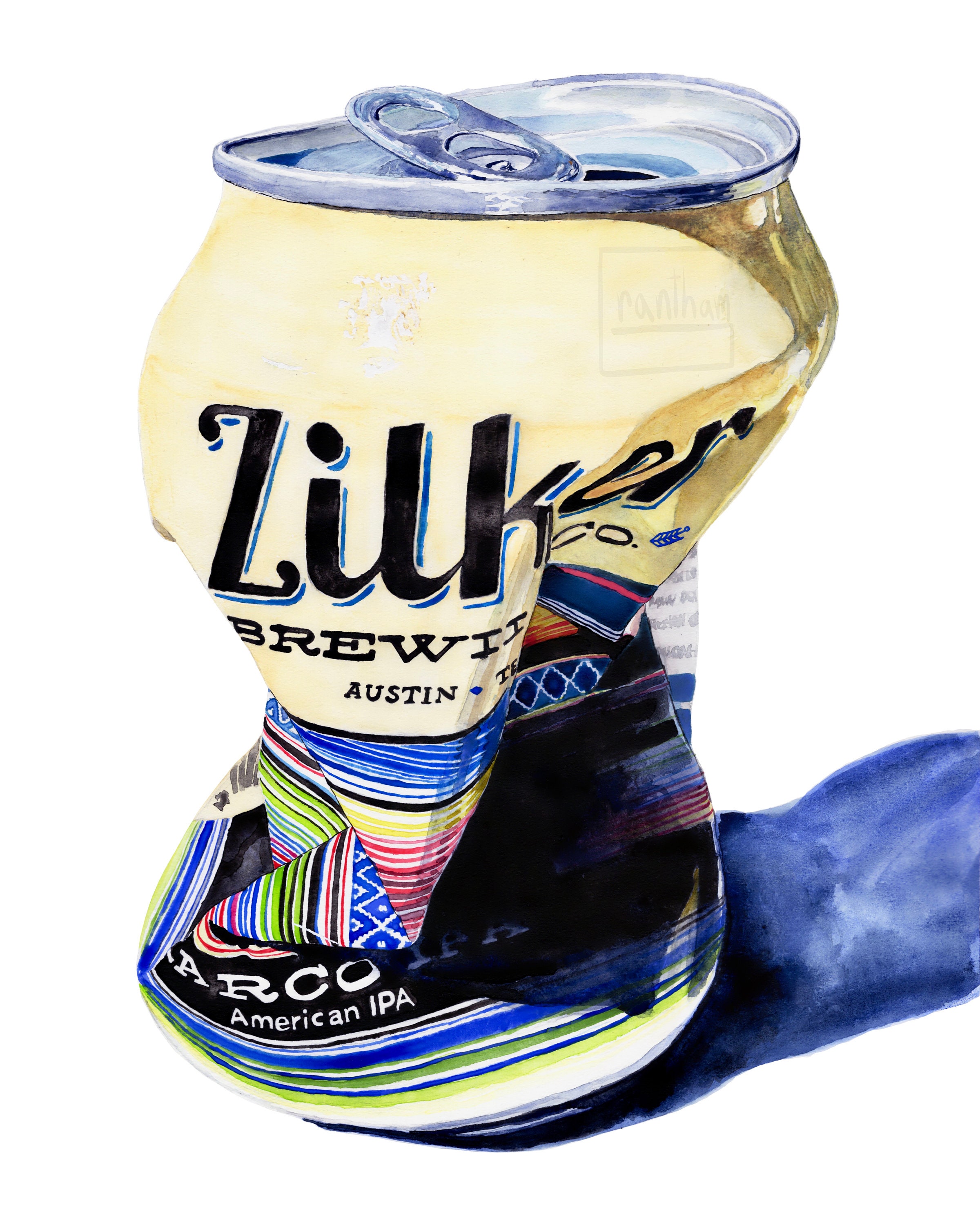 Crushed Can Painting Zilker Beer Can Watercolor Painting Giclèe Print ...
