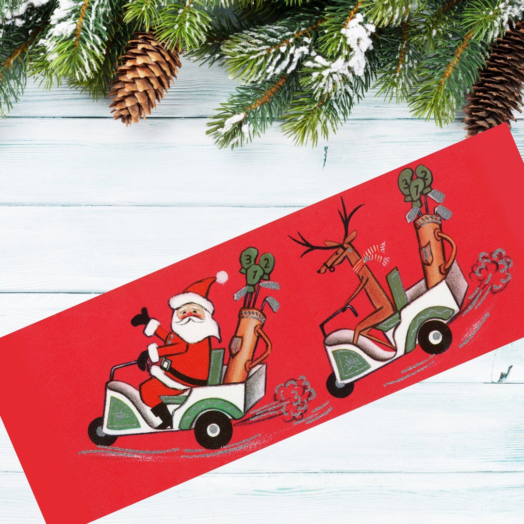 Golf Cart Santa and Reindeer Christmas Card 8.5x3.5 and Gift Enclosure ...