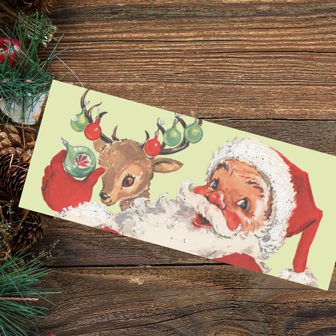 Santa Claus and Reindeer Christmas Card and Gift Enclosure - Etsy