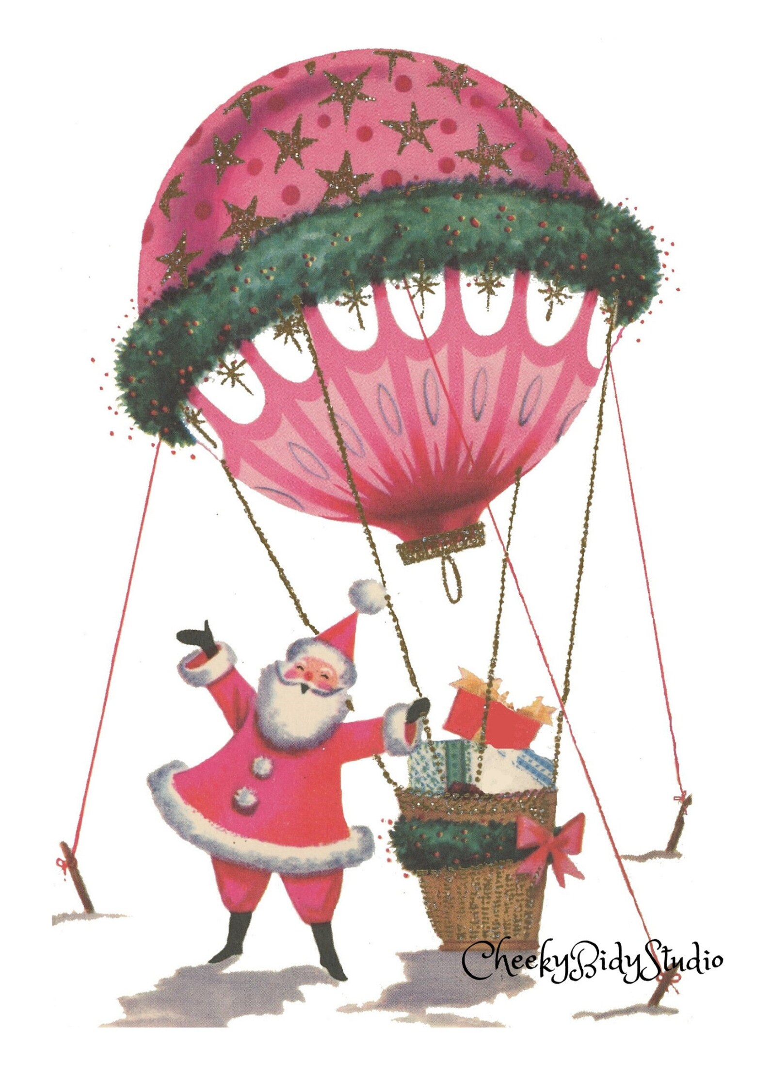 Digital Download Pink Santa W Hot Air Balloon Christmas Card 5"x7" and ...