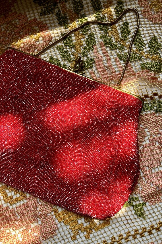 Vintage 1950's-60's Ruby Red Beaded Evening Bag - Gem