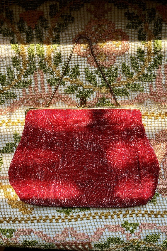 Vintage 1950's-60's Ruby Red Beaded Evening Bag - Gem