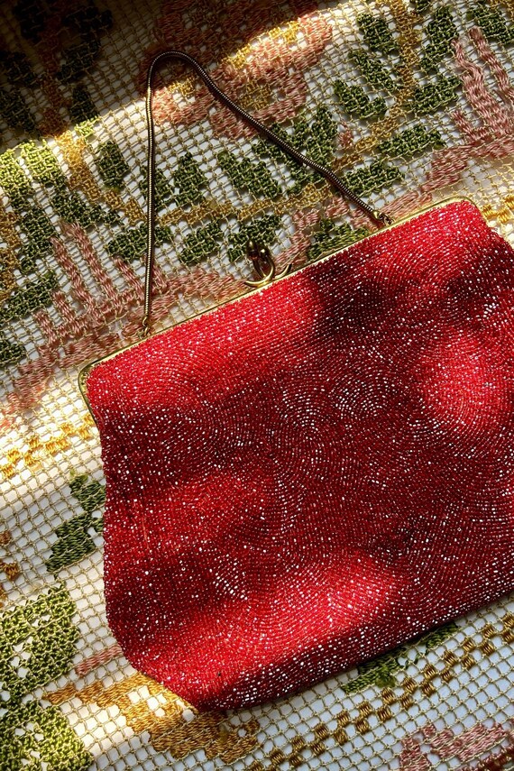 Vintage 1950's-60's Ruby Red Beaded Evening Bag - Gem