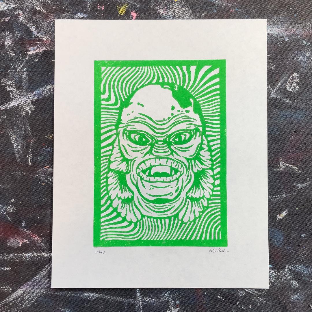 Gill-man Lino Print, Creature From the Black Lagoon, 8x10 - Etsy