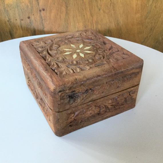 Carved Wood Inlay Box from India - Gem