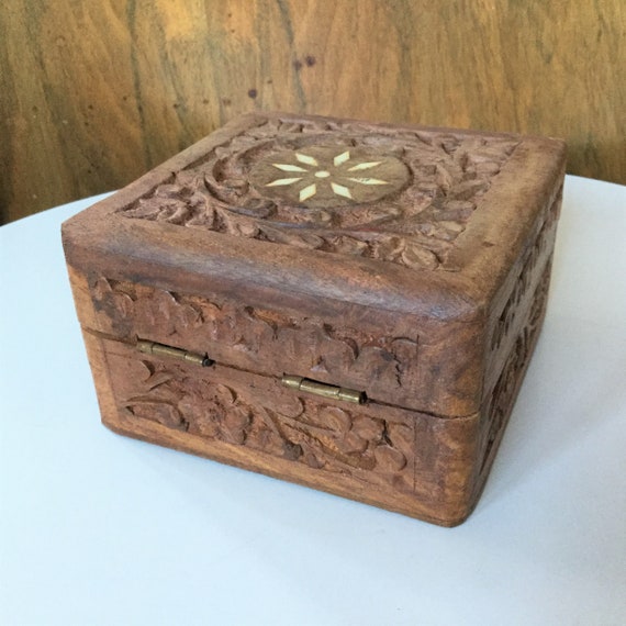 Carved Wood Inlay Box from India - Gem