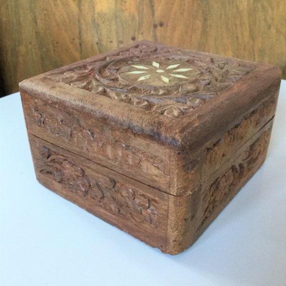 Carved Wood Inlay Box from India - Gem
