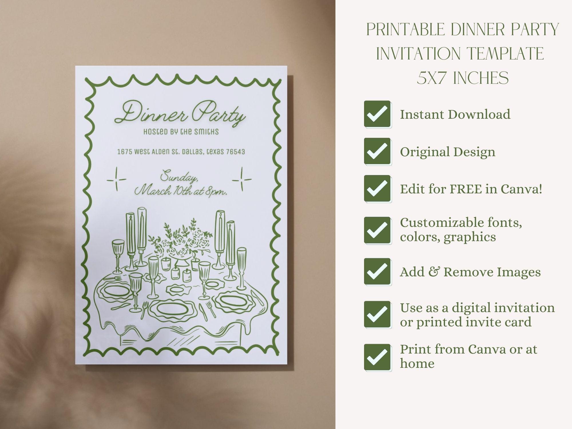 Vintage Dinner Party Template 5x7 Printable Invitation | Whimsical ...