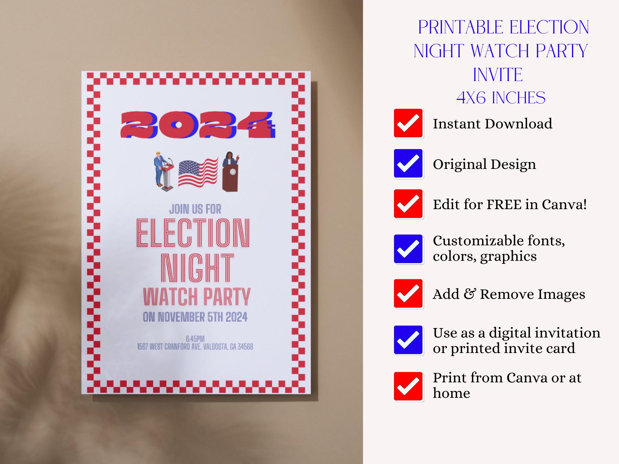 4x6 Election Night Watch Party Invitation Template | 2024 Presidential ...