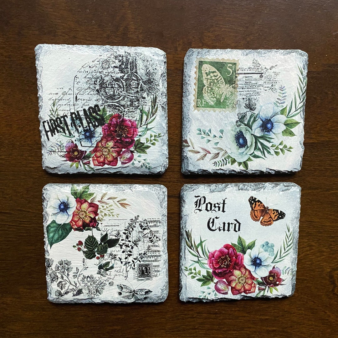 Floral Decoupage Slate Coasters, Slate Decoupage Coasters, Flowers ...