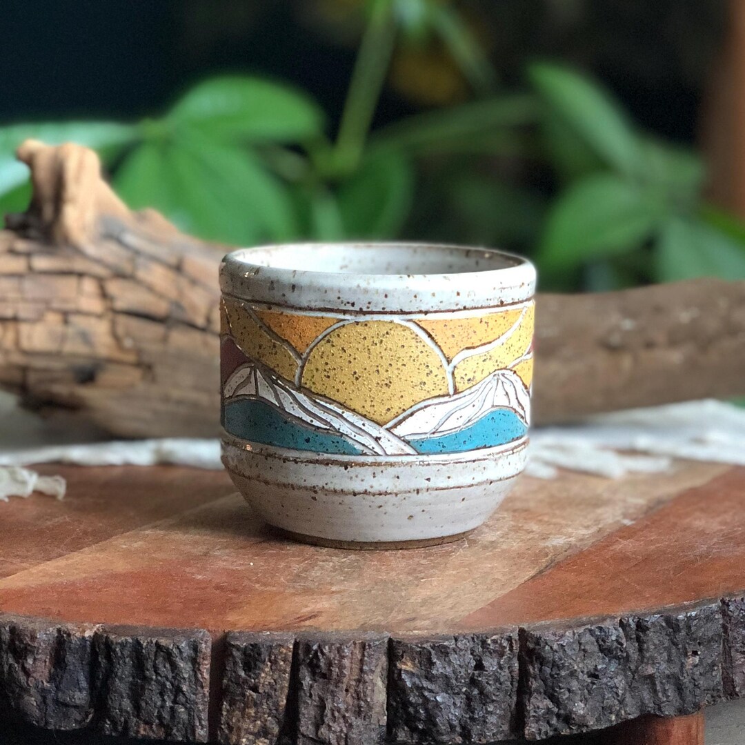 6 Oz Hand Painted Mountain Sunset Sipper. Speckled Clay Pottery Sipper ...