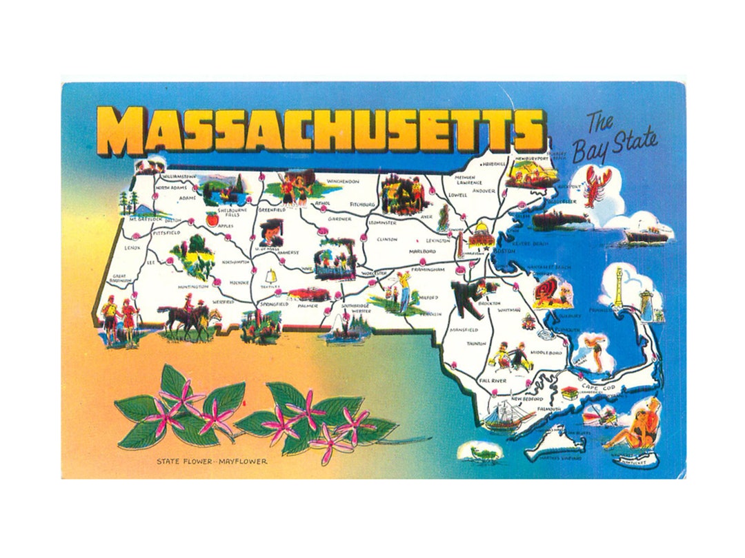 Greetings From Massachusetts, State Map, Postcard - Etsy