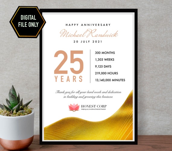 25th Work Anniversary Print 25 year employee gift work | Etsy