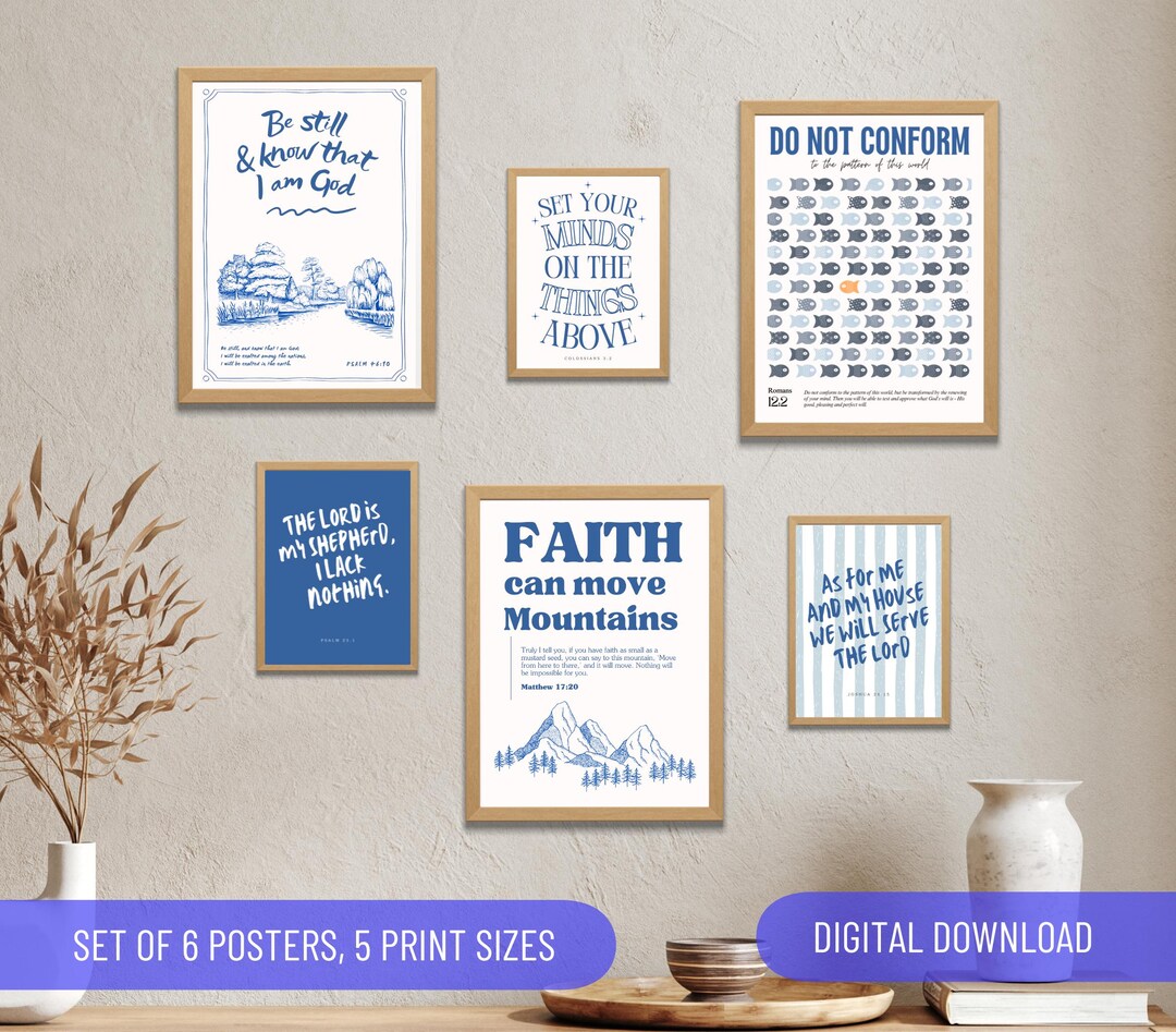Set of 6 Christian Retro Blue Bible Verse Poster Bundle | Christian ...