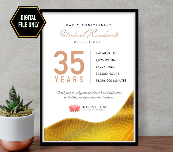 35th Work Anniversary Print 35 Year Employee Gift Work | Etsy