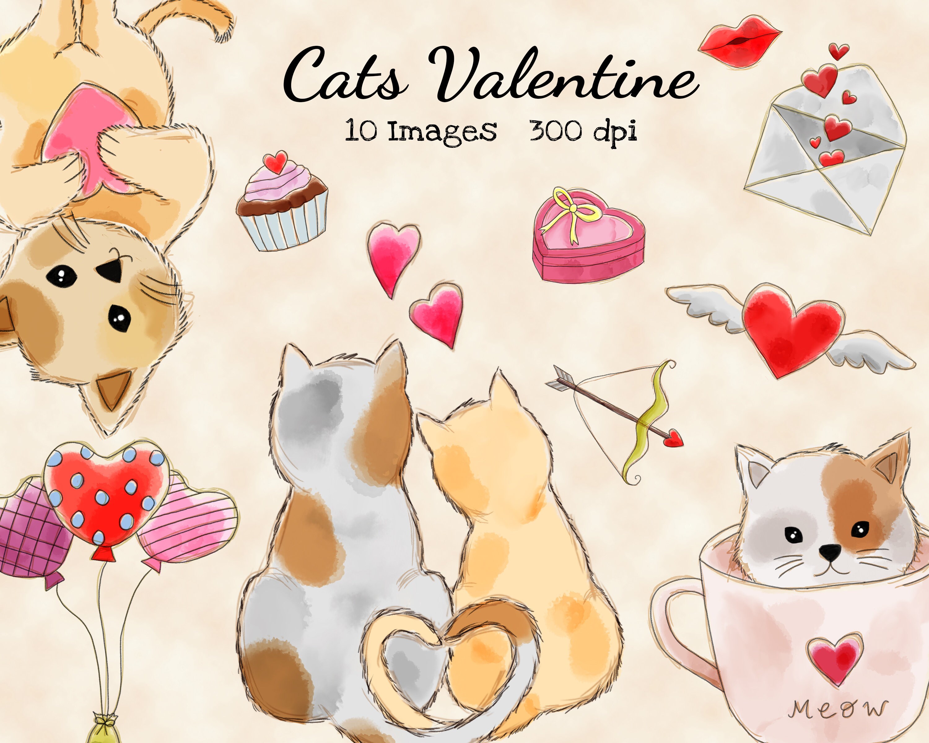 Cats Valentine Watercolor Clipart Cats in Love Valentines | Etsy