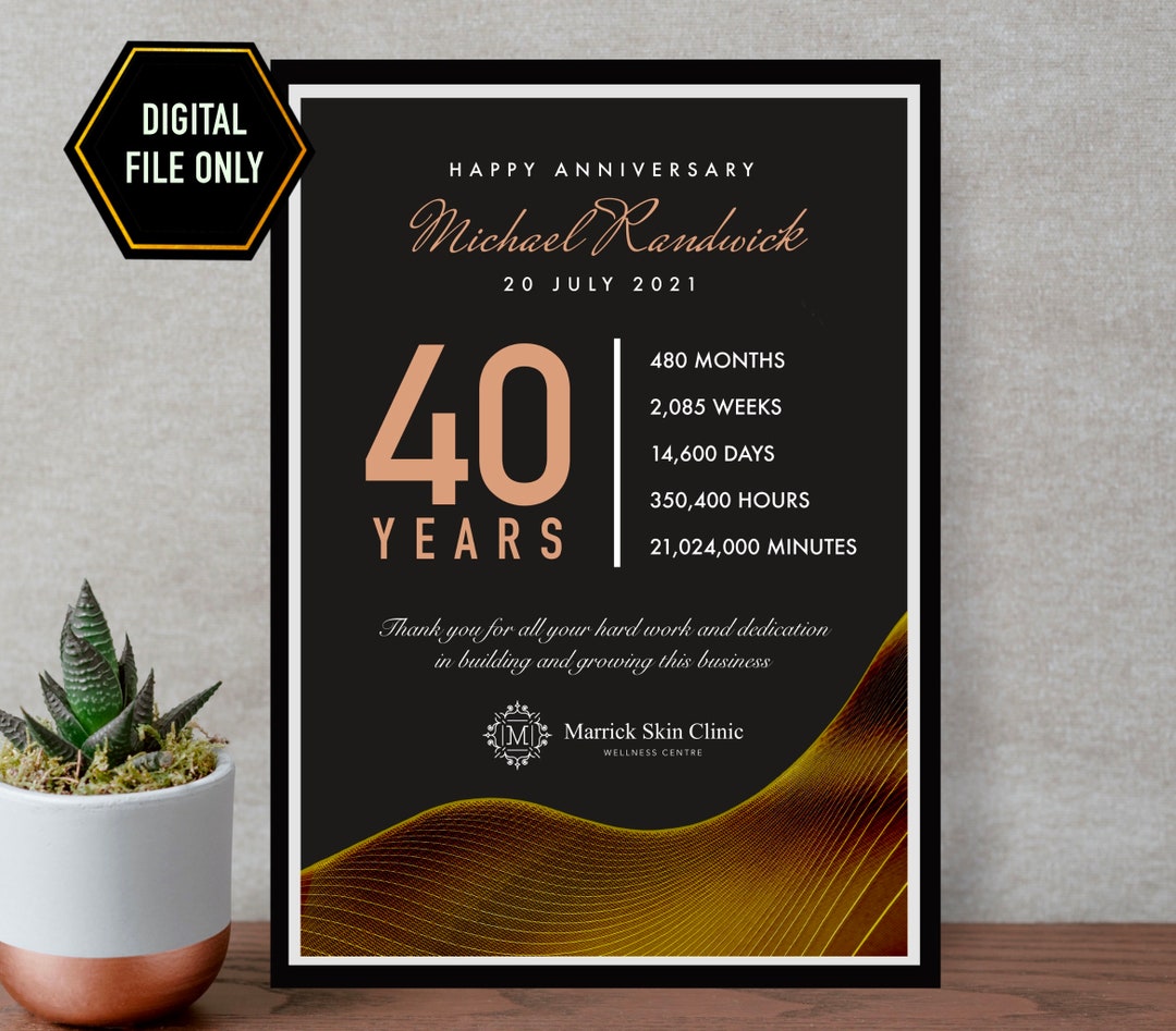 40th Work Anniversary Print, 40 Year Employee Gift, Work Anniversary ...