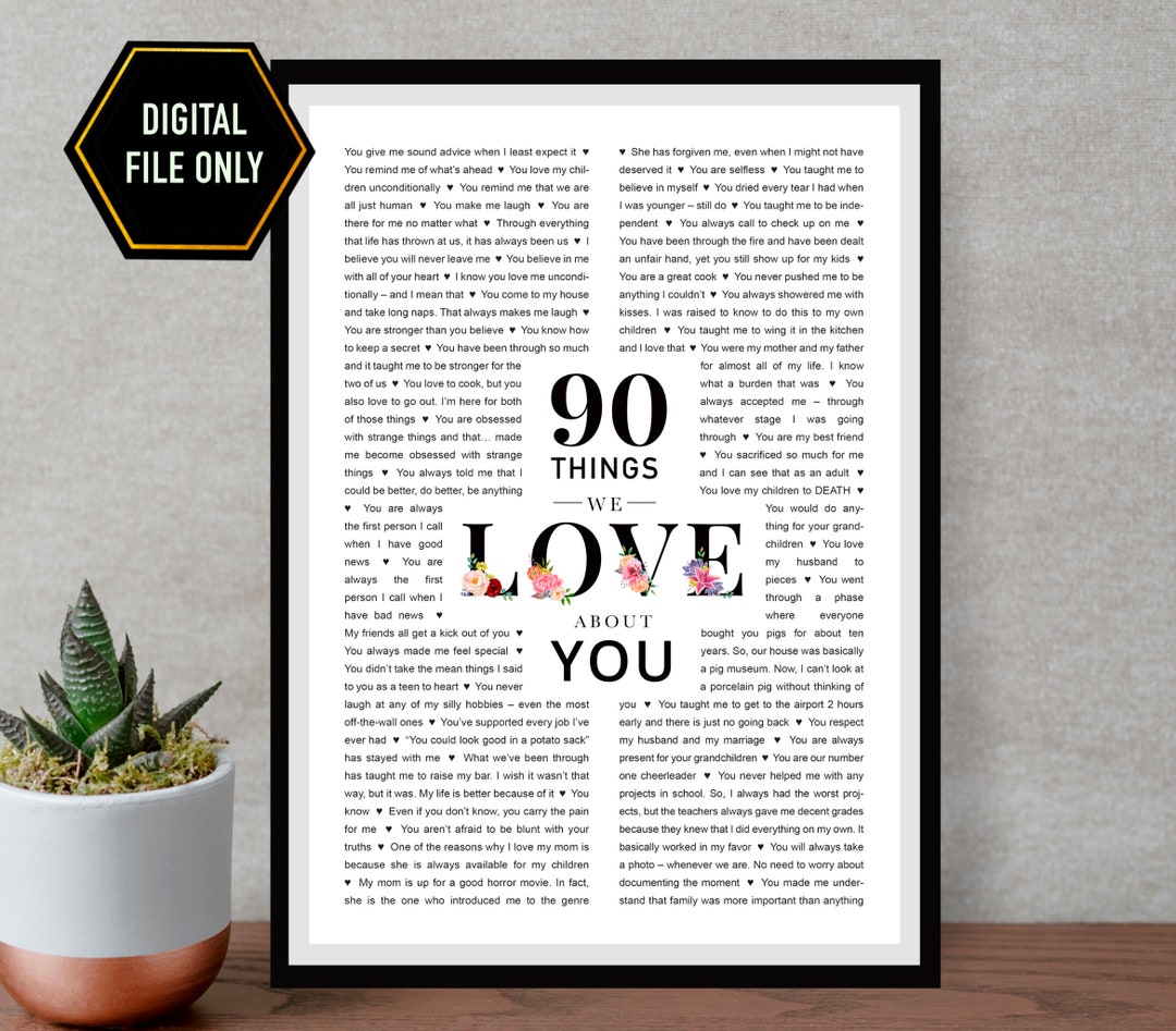 90 Things We Love About You, 90th Birthday Gift, 90th Bday Ideas, 90th ...