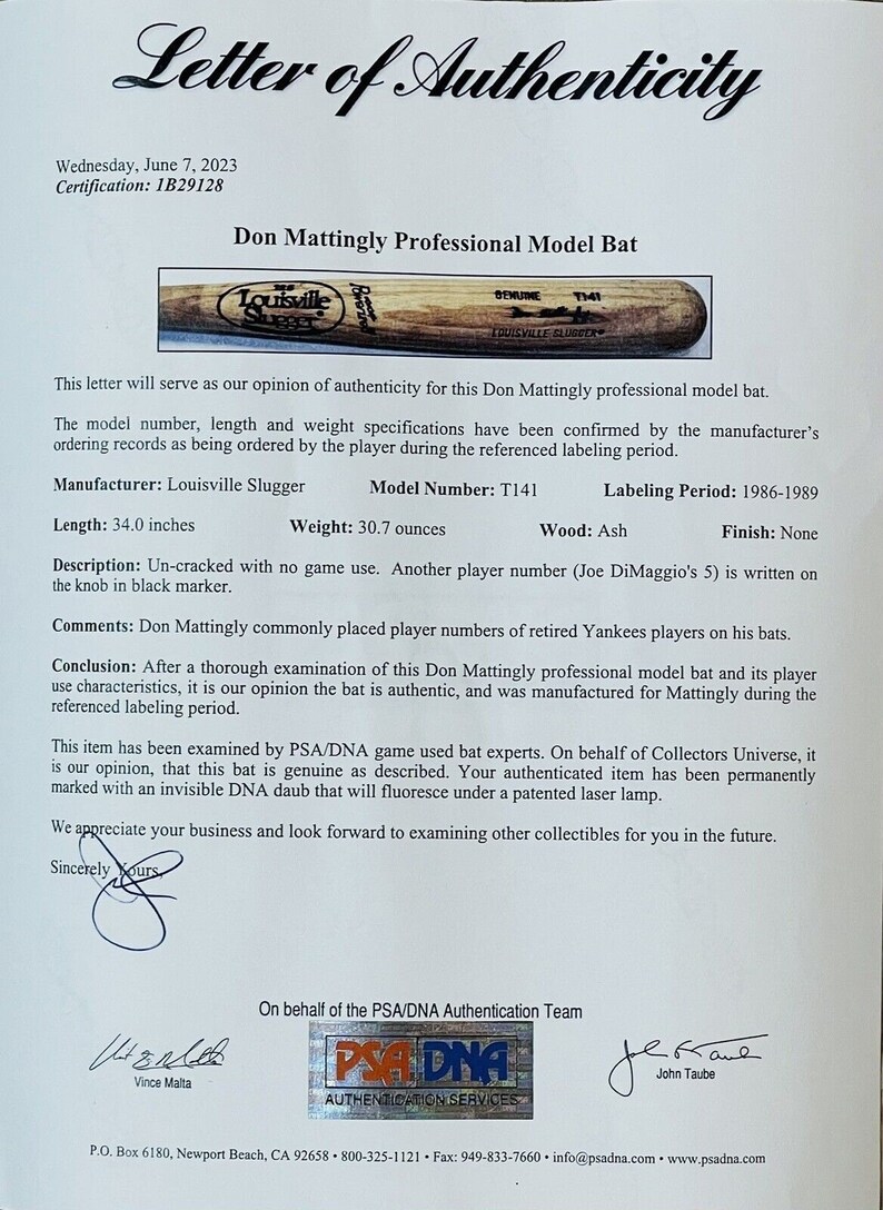 1986-89 Don Mattingly New York Yankees Pro Model Game Bat W Dimaggio 5 ...