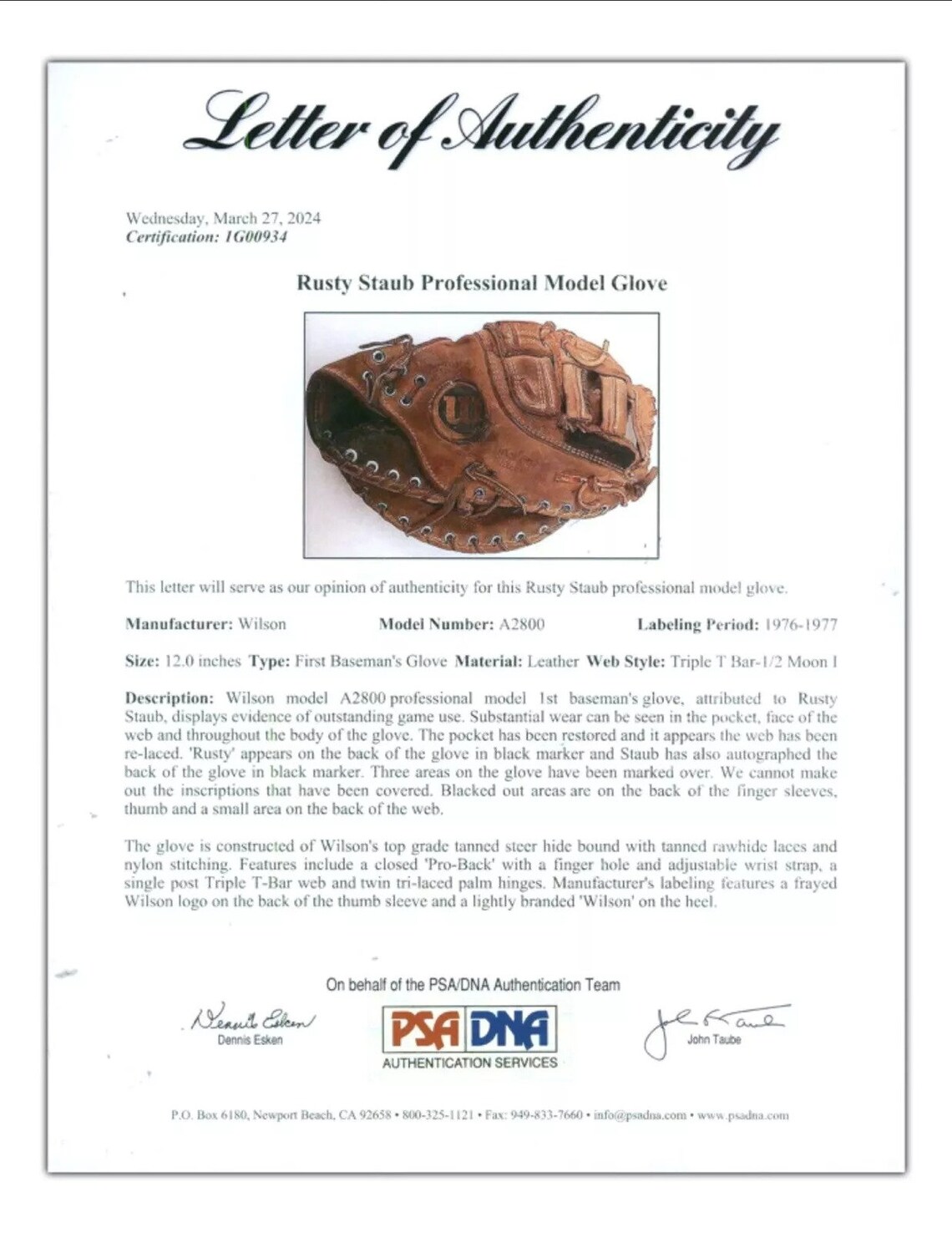 Rusty Staub Signed Game Used First Baseman’s Glove PSA LOA Mets Expos ...