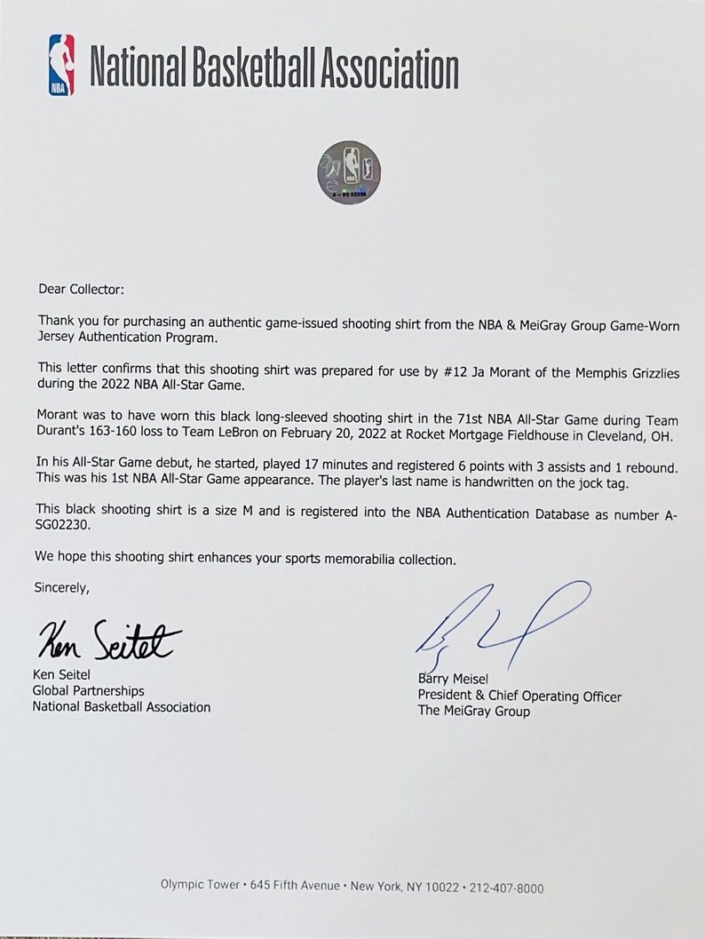 2022 Ja Morant Debut All-star Game Issued Shooting Shirt Jersey Meigray ...