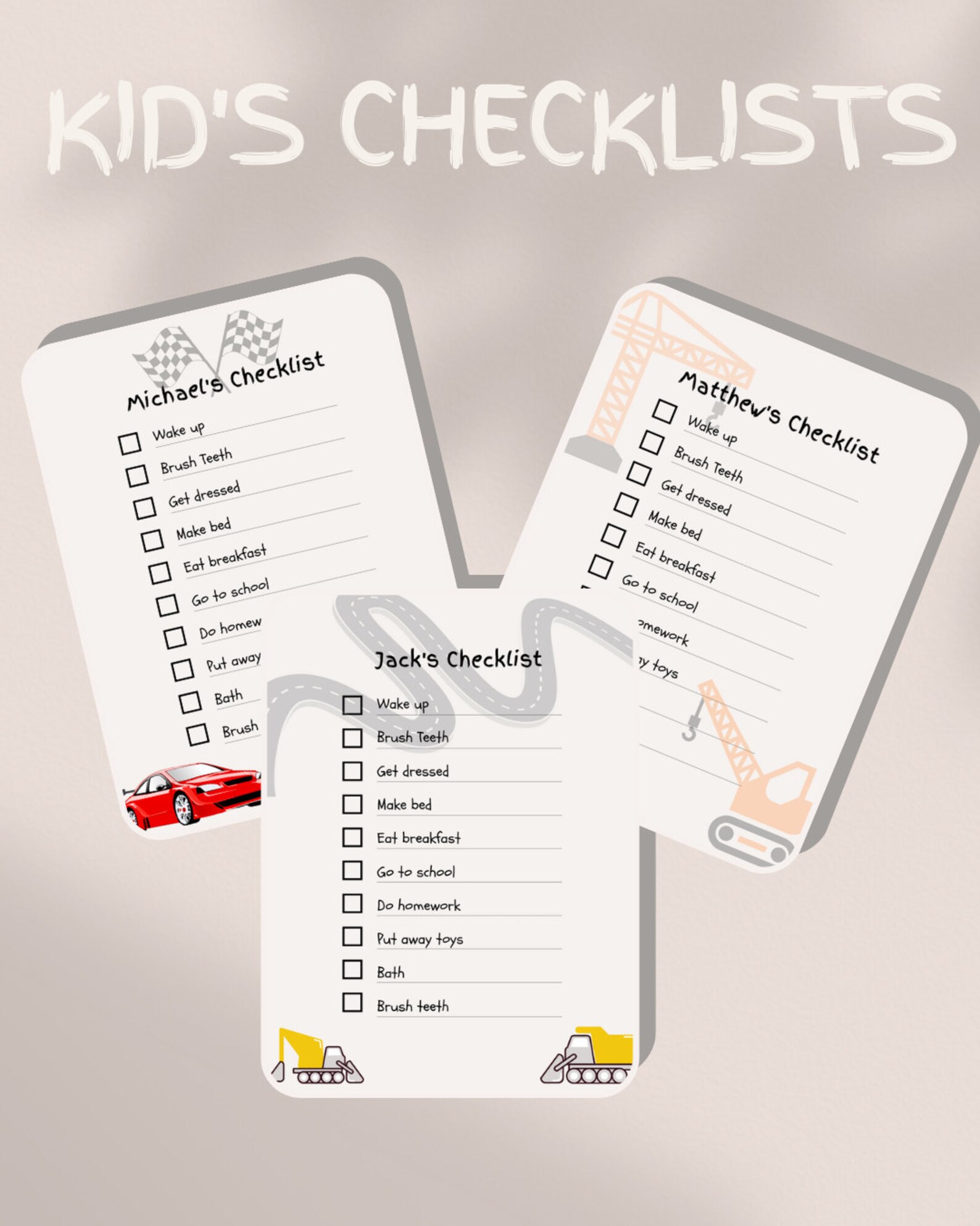 Kids Checklist Schedule Printable Editable Chore Chart Construction and ...