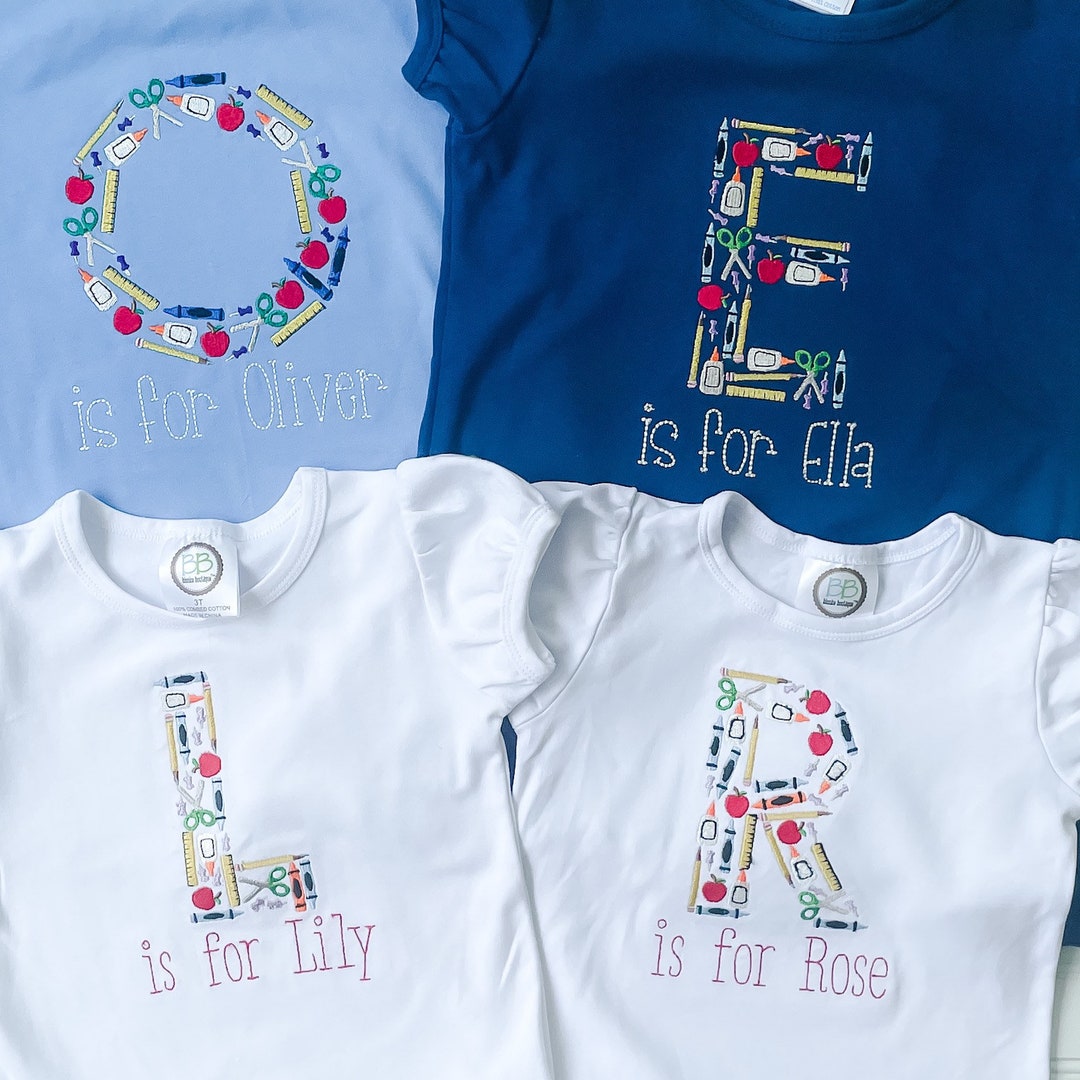 Embroidered Initial Back to School Shirt, Monogrammed School Outfit - Etsy