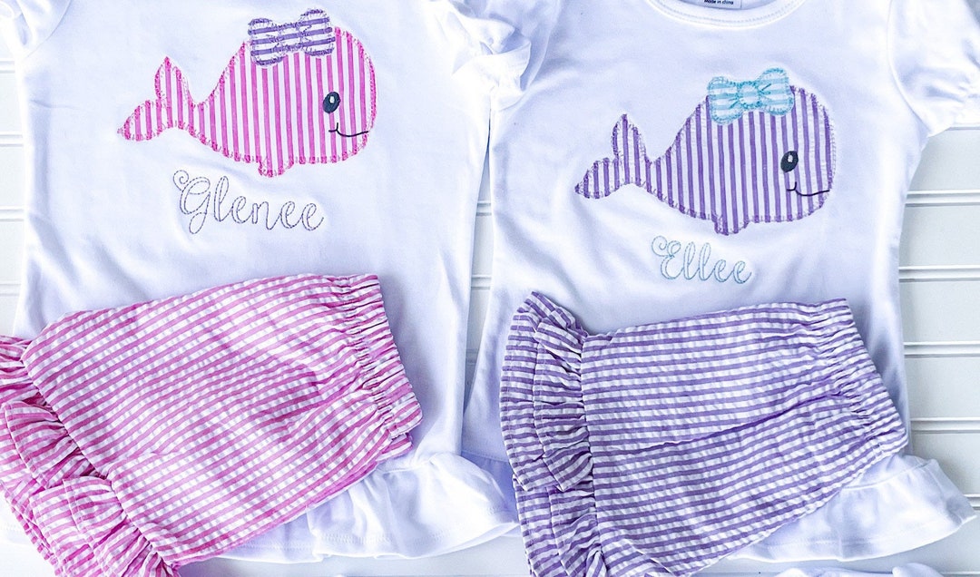 Personalized Applique Seersucker Whale Outfit, Sister Match - Etsy