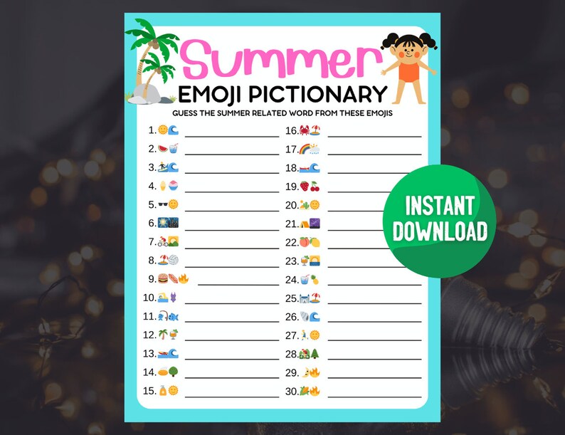Printable Summer Emoji Pictionary Game Family Friendly Holiday Party ...
