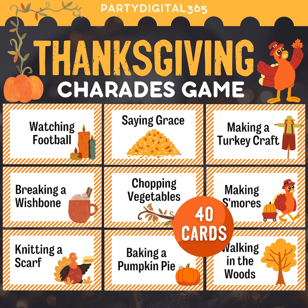 Thanksgiving Charades & Pictionary Game Cards | Thanksgiving Charades ...