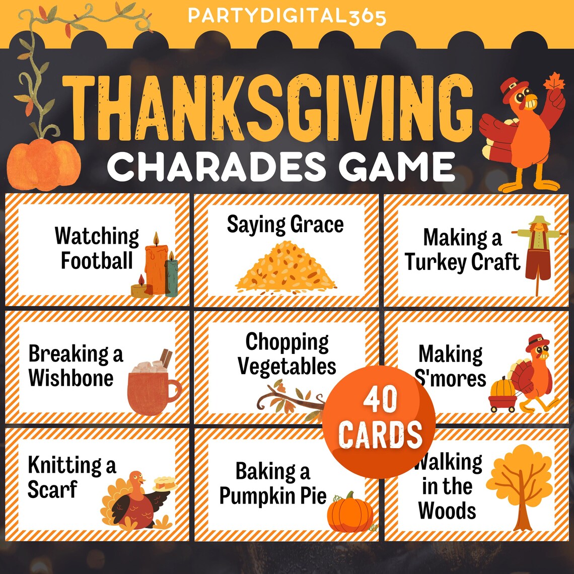 Thanksgiving Charades & Pictionary Game Cards | Thanksgiving Charades ...