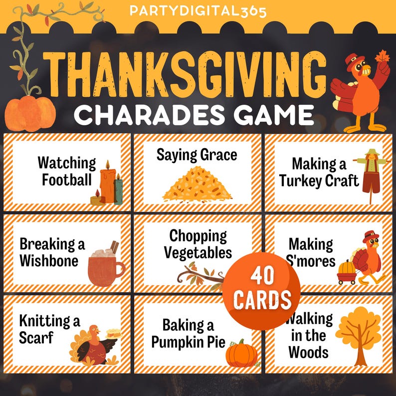 Thanksgiving Charades & Pictionary Game Cards | Thanksgiving Charades ...