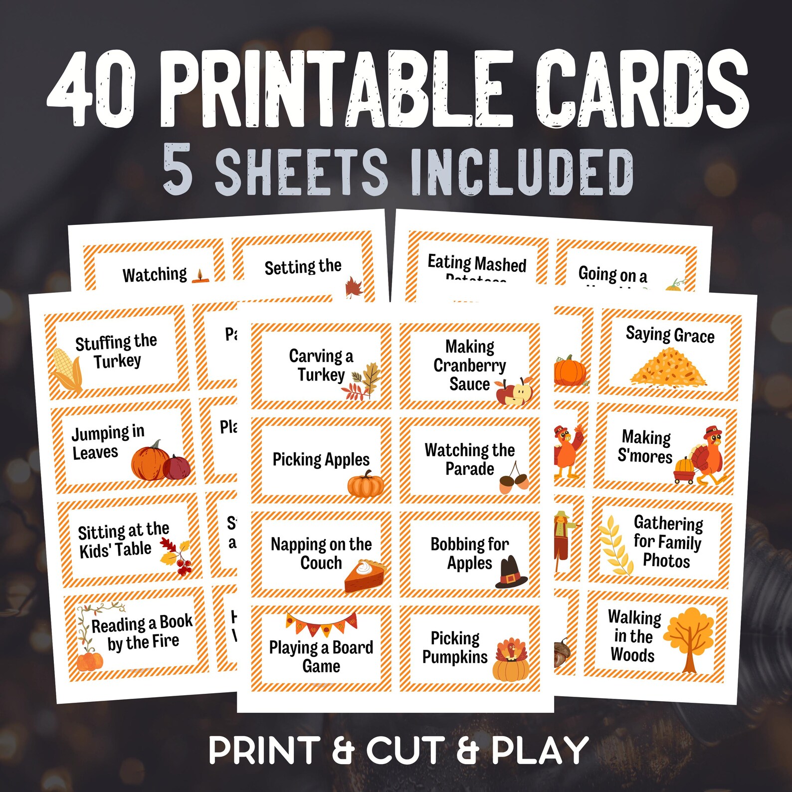 Thanksgiving Charades & Pictionary Game Cards | Thanksgiving Charades ...