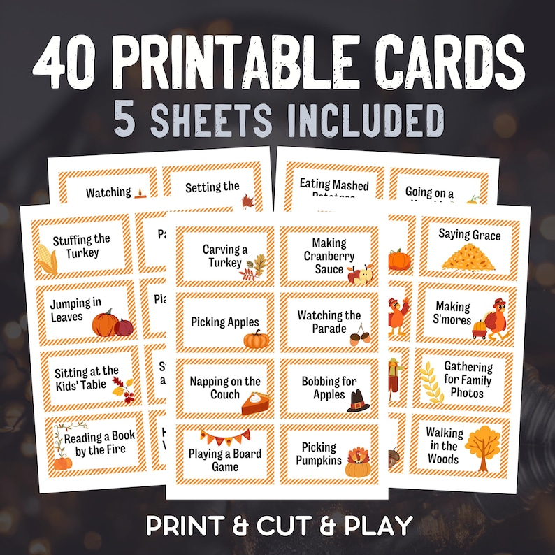 Thanksgiving Charades & Pictionary Game Cards | Thanksgiving Charades ...