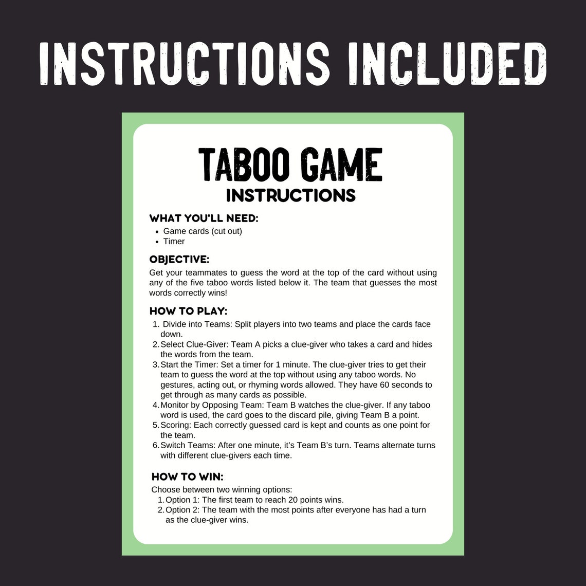 Fun Family Taboo Card Game: 72 Printable Cards (PDF) - Etsy