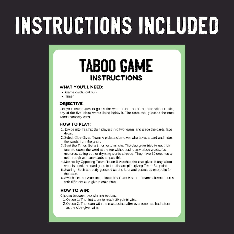 Fun Family Taboo Card Game: 72 Printable Cards (PDF) - Etsy